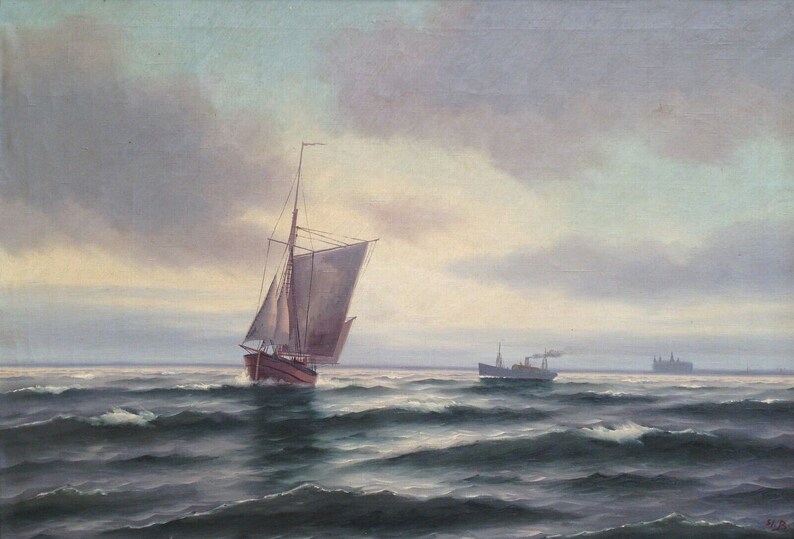 Paysage Marin Bateaux Tableau Peinture Huile Sur Toile Signée ...