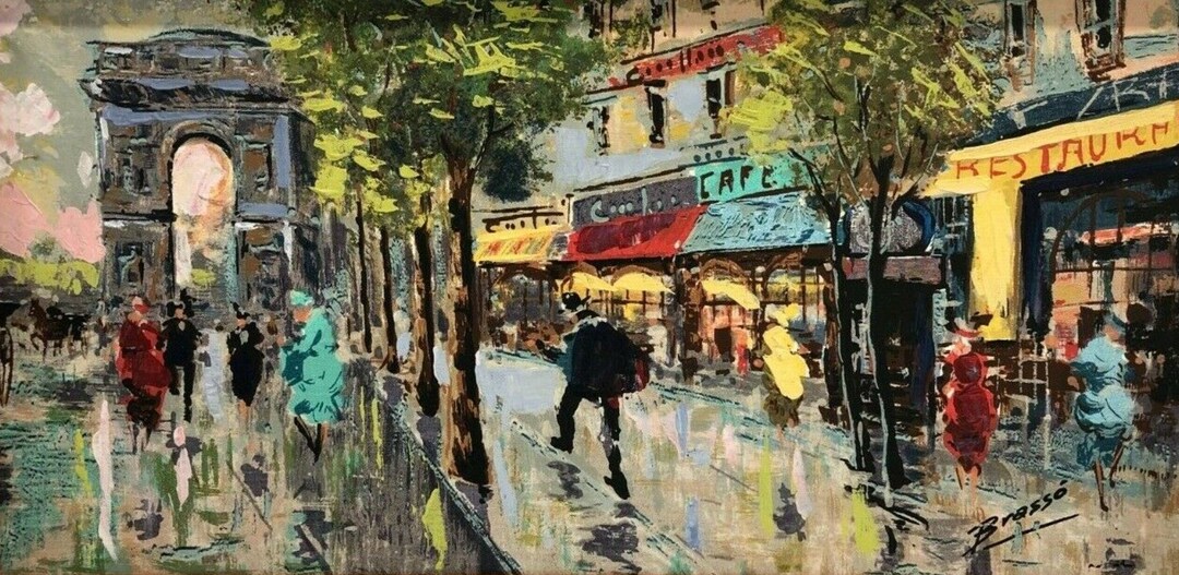 BRASSO spanish mid century street scene ampressionist oil painting 1947 ...