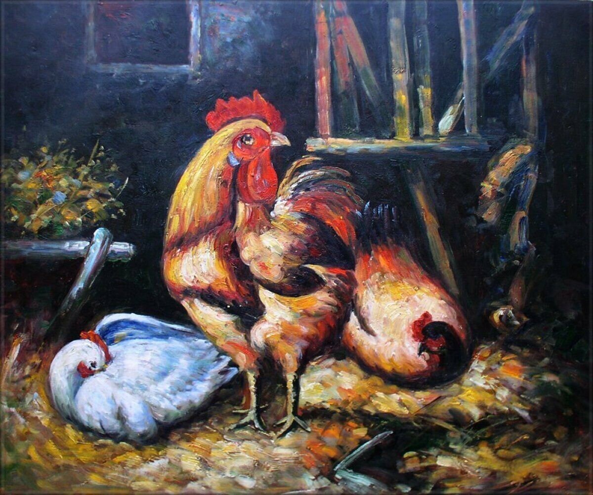 Animal coq tableau peinture huile sur toile / animal Rooster and Hens ...