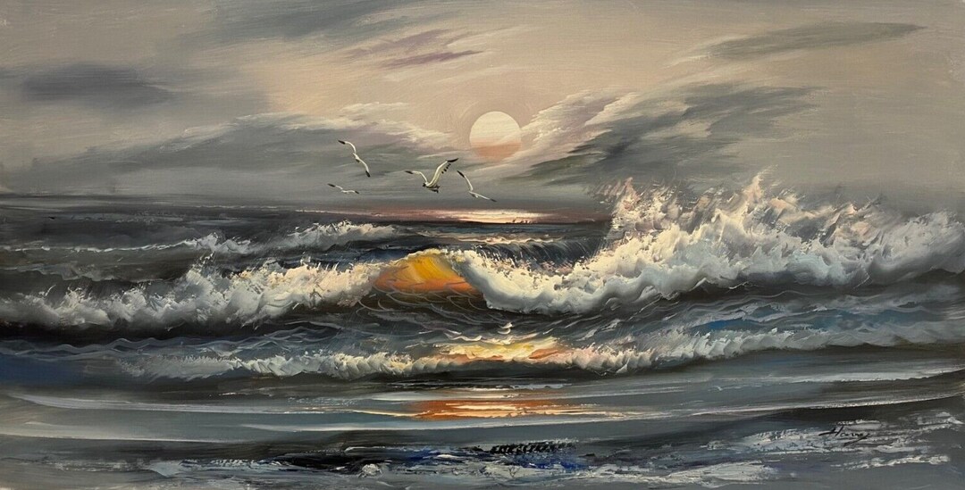 Landscape Beach Wave Oil on Canvas / Seascape Sunset Beach Wave Oil ...