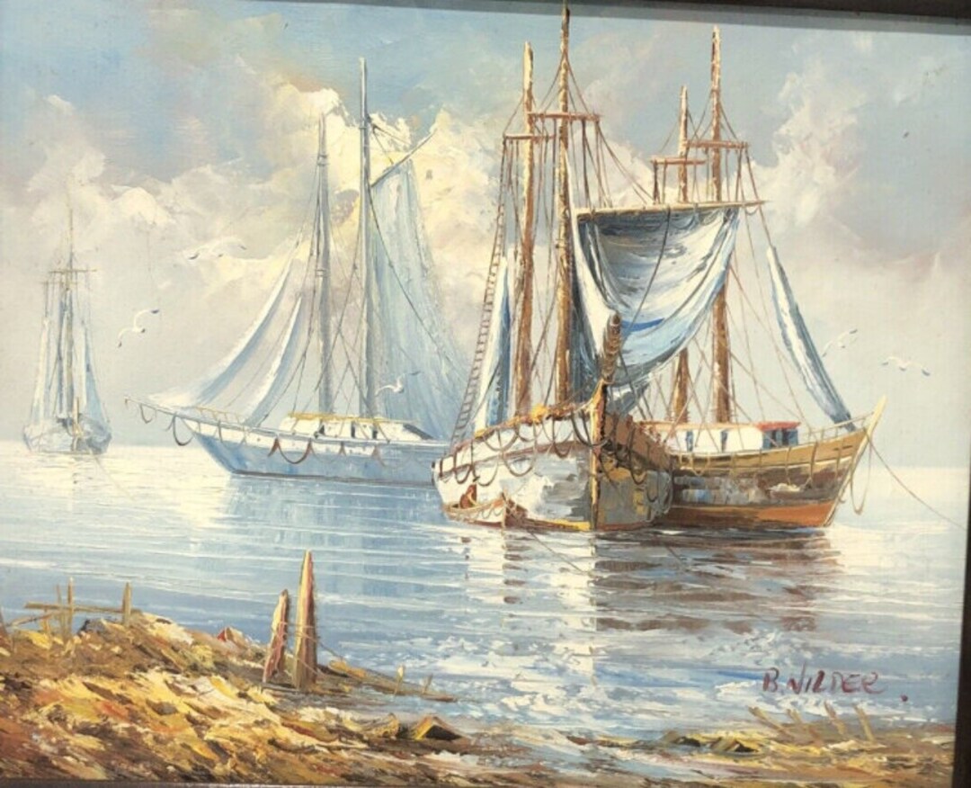 Vintage Signed Original Oil Painting “ghost Ships” B. Wilder Framed 22 ...