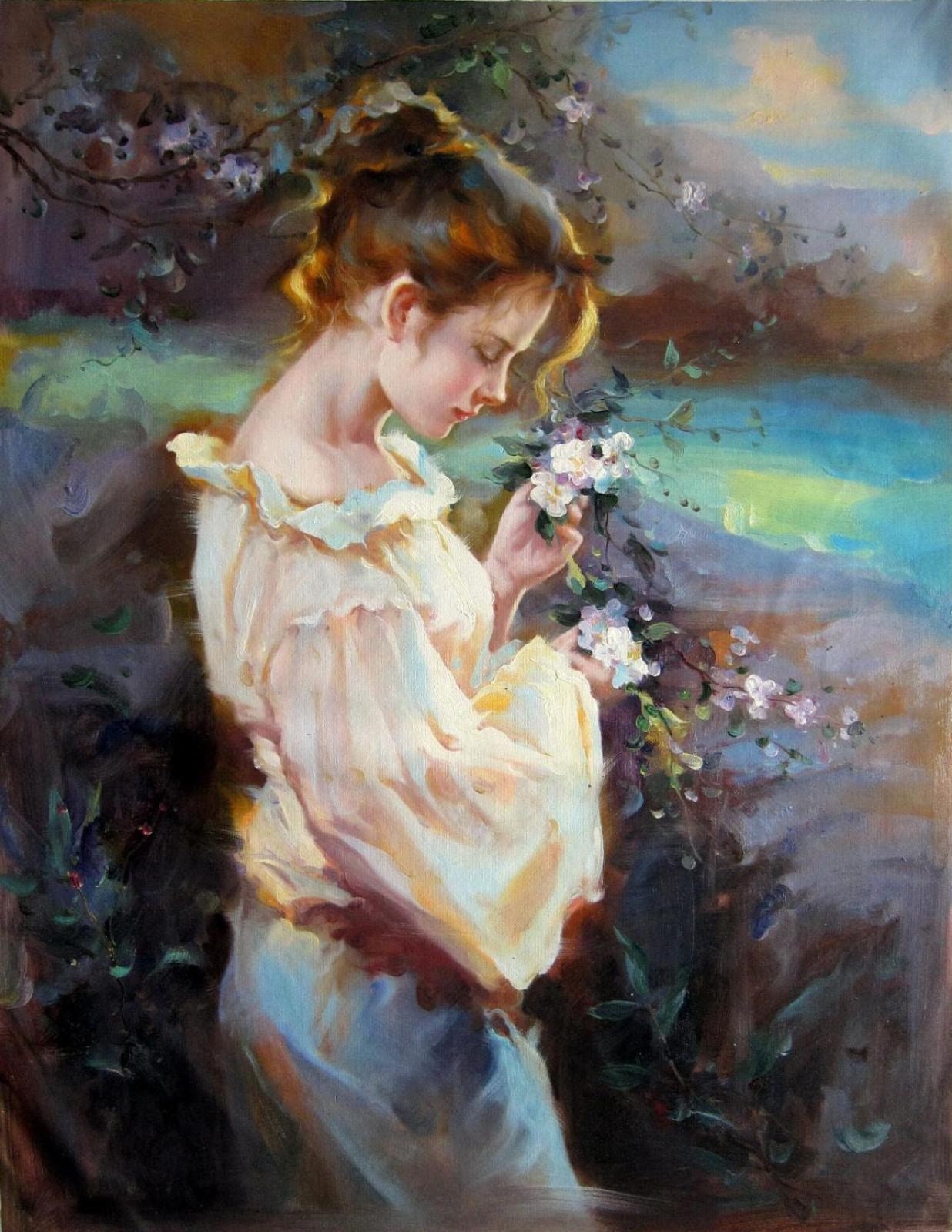 Art & Collectibles young girl with flowers oil painting on canvas portrait young girl with ...