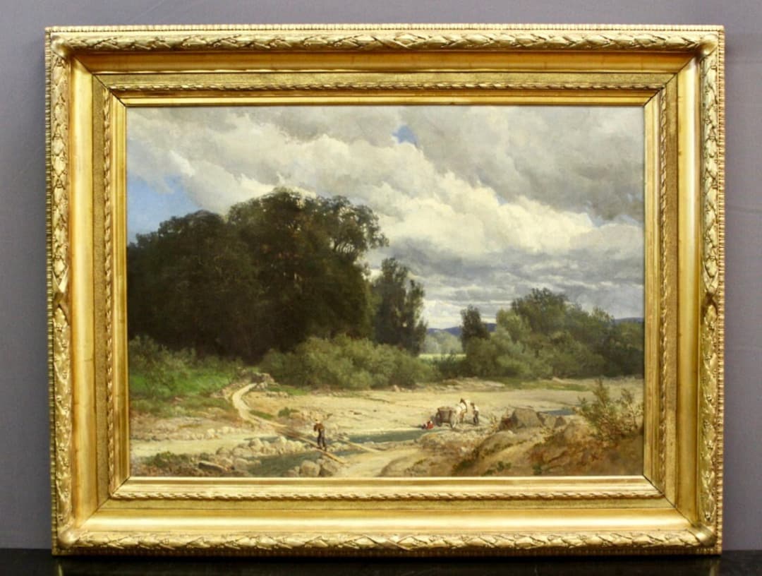 Important Oil on Canvas Animated Landscape at the River XIX Oil Painting on Canvas Signed / Road ...