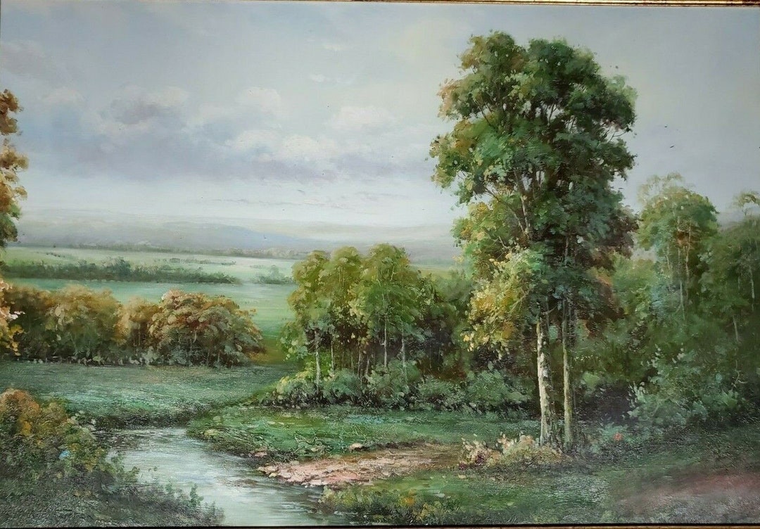 River Oil on Canvas Tree Valley Hand Painted Original Oil Painting ...