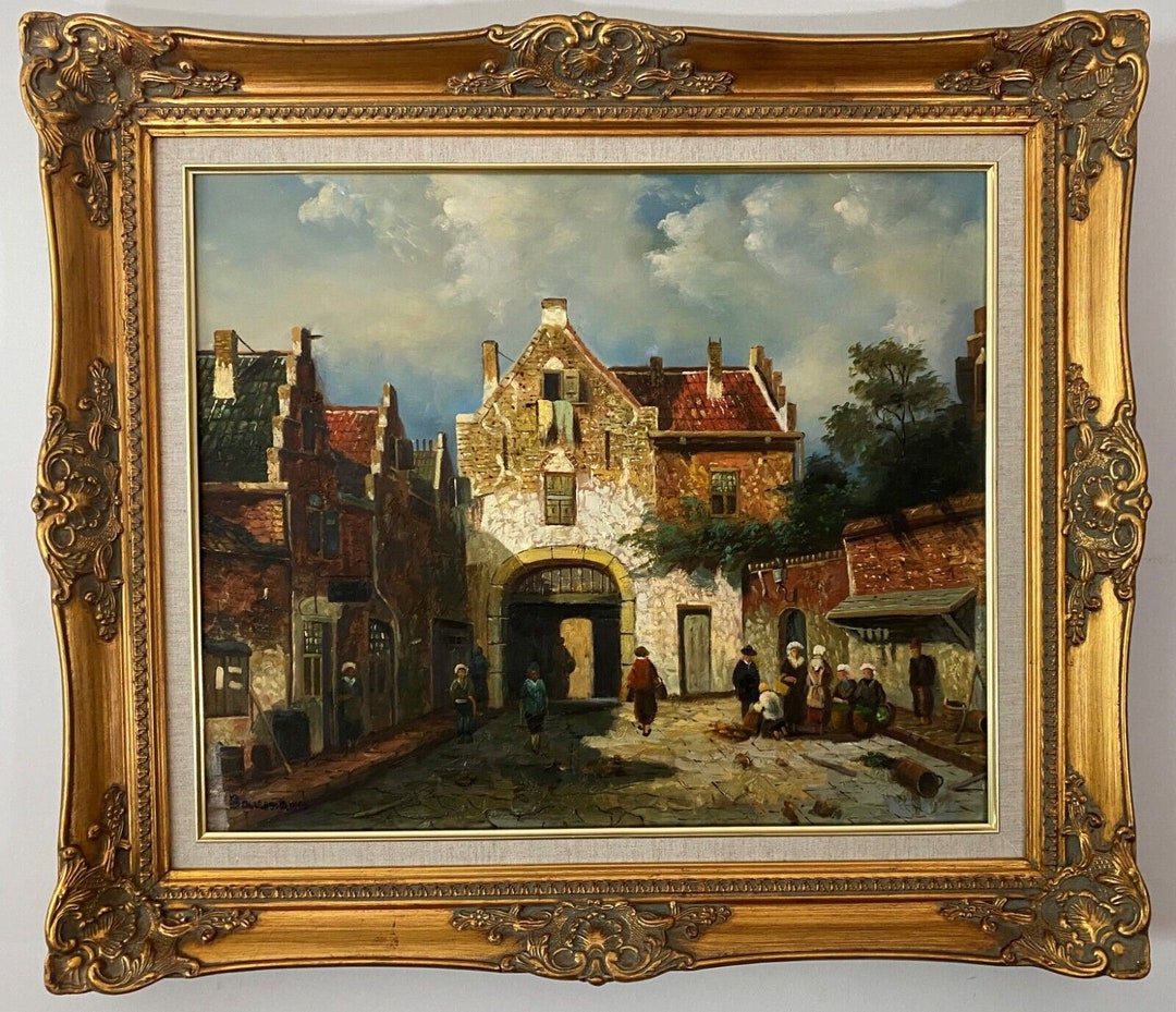 Large Oil Painting Medieval Town Ornate Gold Frame - Etsy