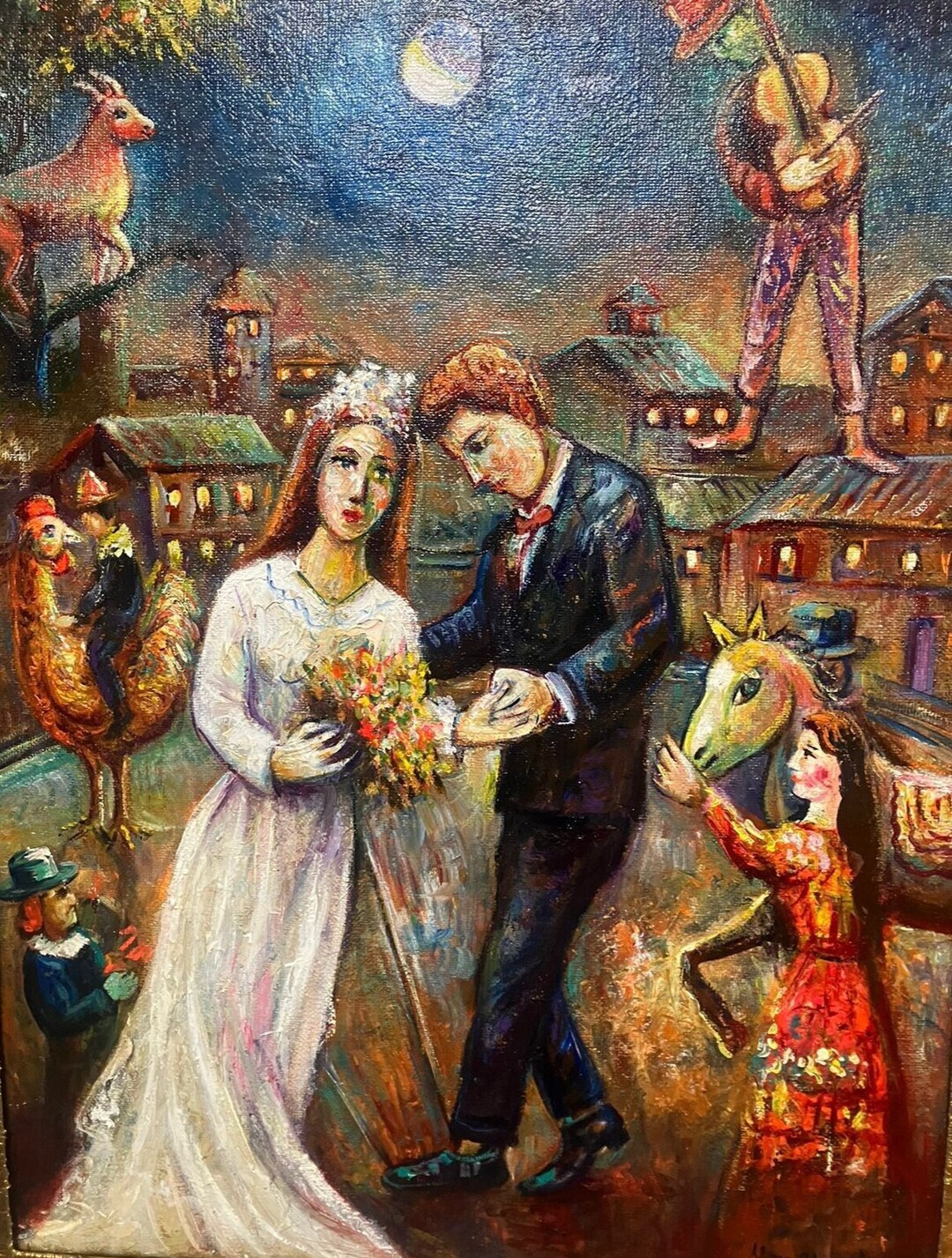 Marriage After Chagall Painting Oil on Canvas Signed / Marriage After ...