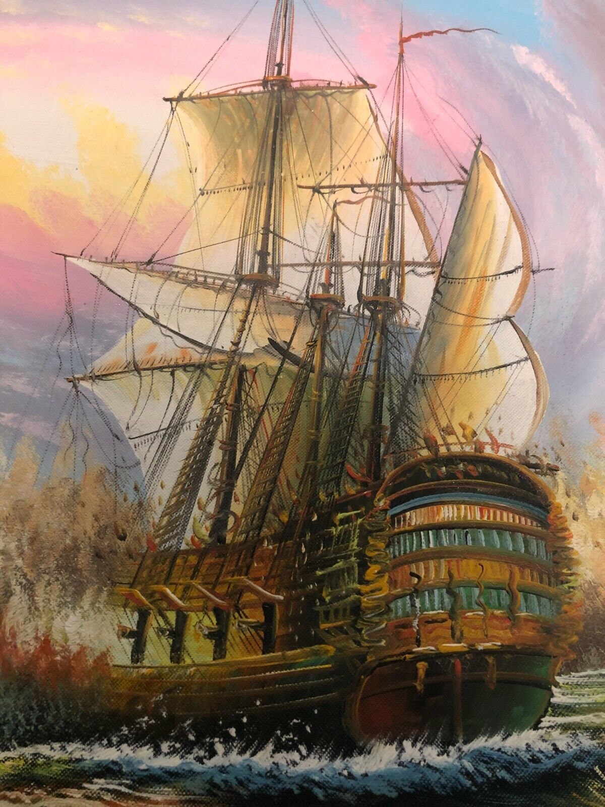 Large 36"x24" Galleon Ship Warfare at Sea Nautical J. Harvey Oil ...