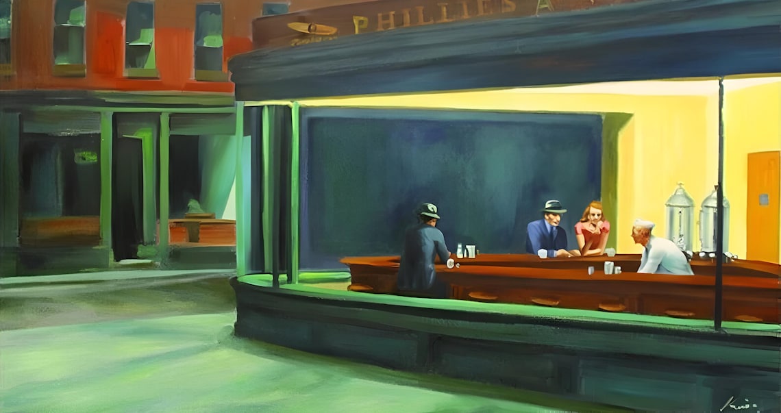 D'après Edward Hopper - Nighthawks - 100 X 55 Cm Peinture à L'huile ...