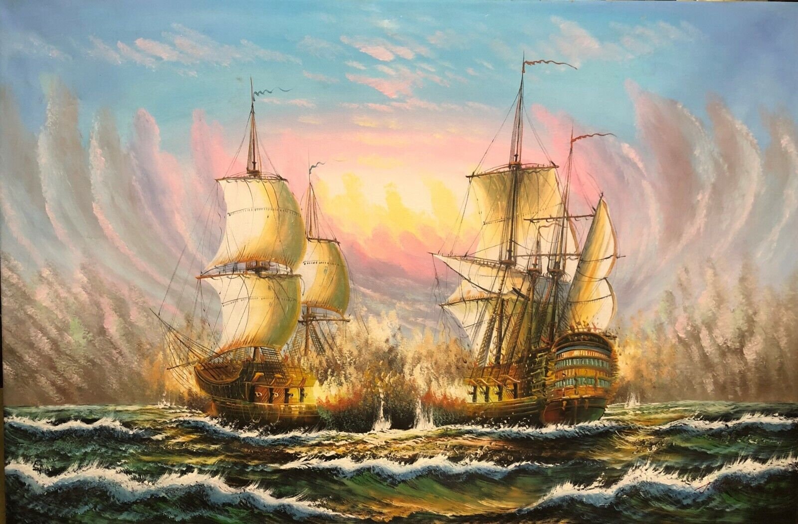 Large 36"x24" Galleon Ship Warfare at Sea Nautical J. Harvey Oil ...