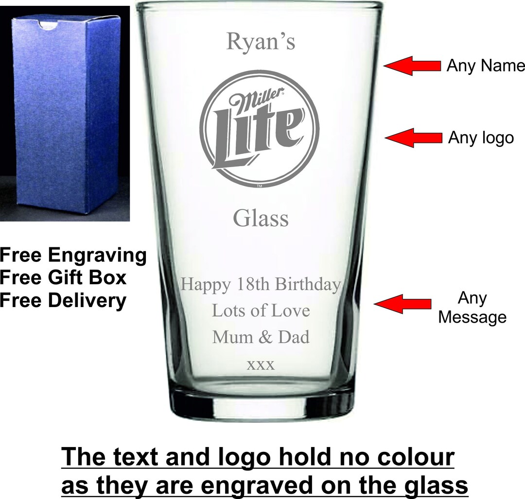 Personalised 20oz Pint Glass Miller Lite, Birthday/Christmas Gift 18th ...