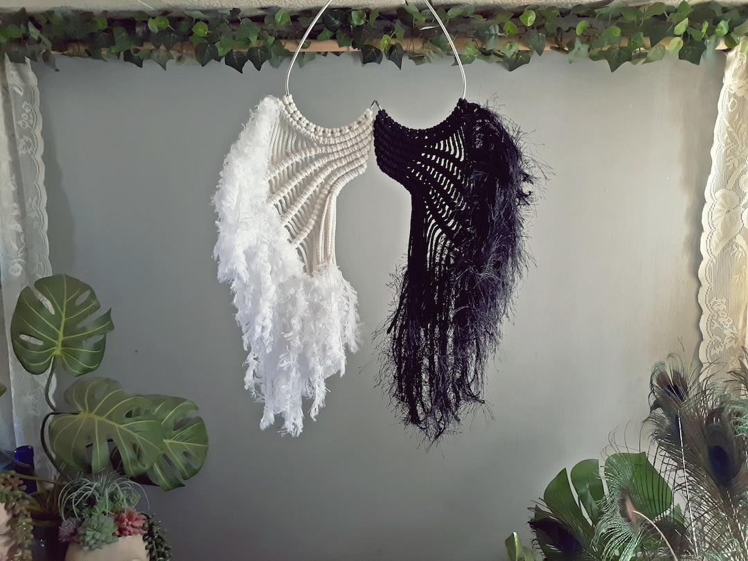 Macrame Angel Wings, Dual Fiber Art Wings for Home Decor, White and ...