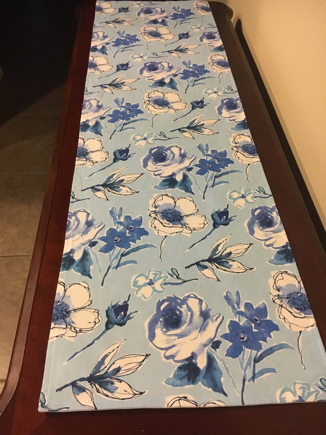 Blue Floral Pattern Spring-summer Table Runner. Handmade - Etsy