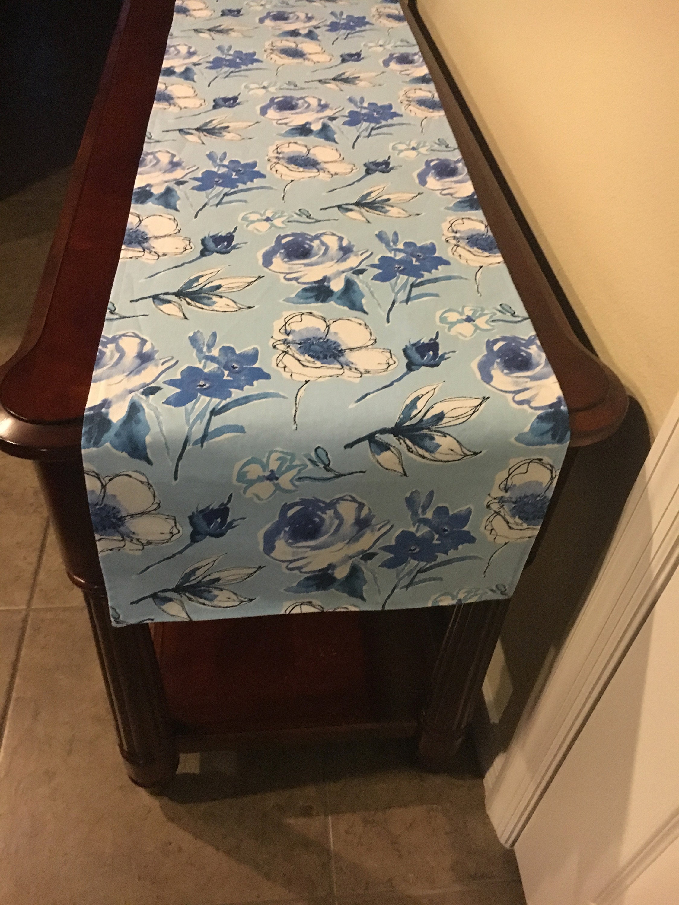 Blue Floral Pattern Spring-summer Table Runner. Handmade - Etsy