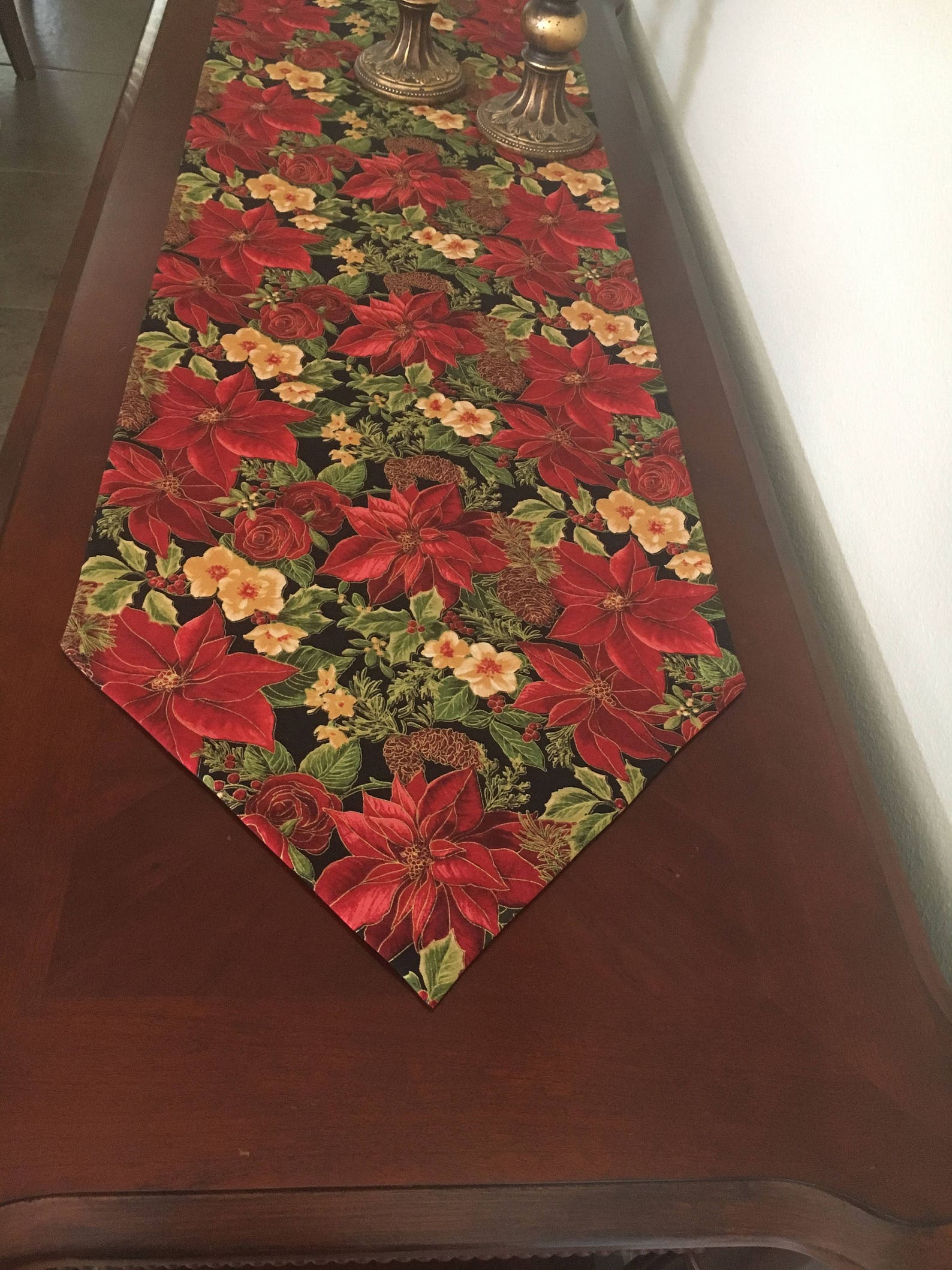 Poinsettias christmas Table Runner Reversible Red Gold - Etsy