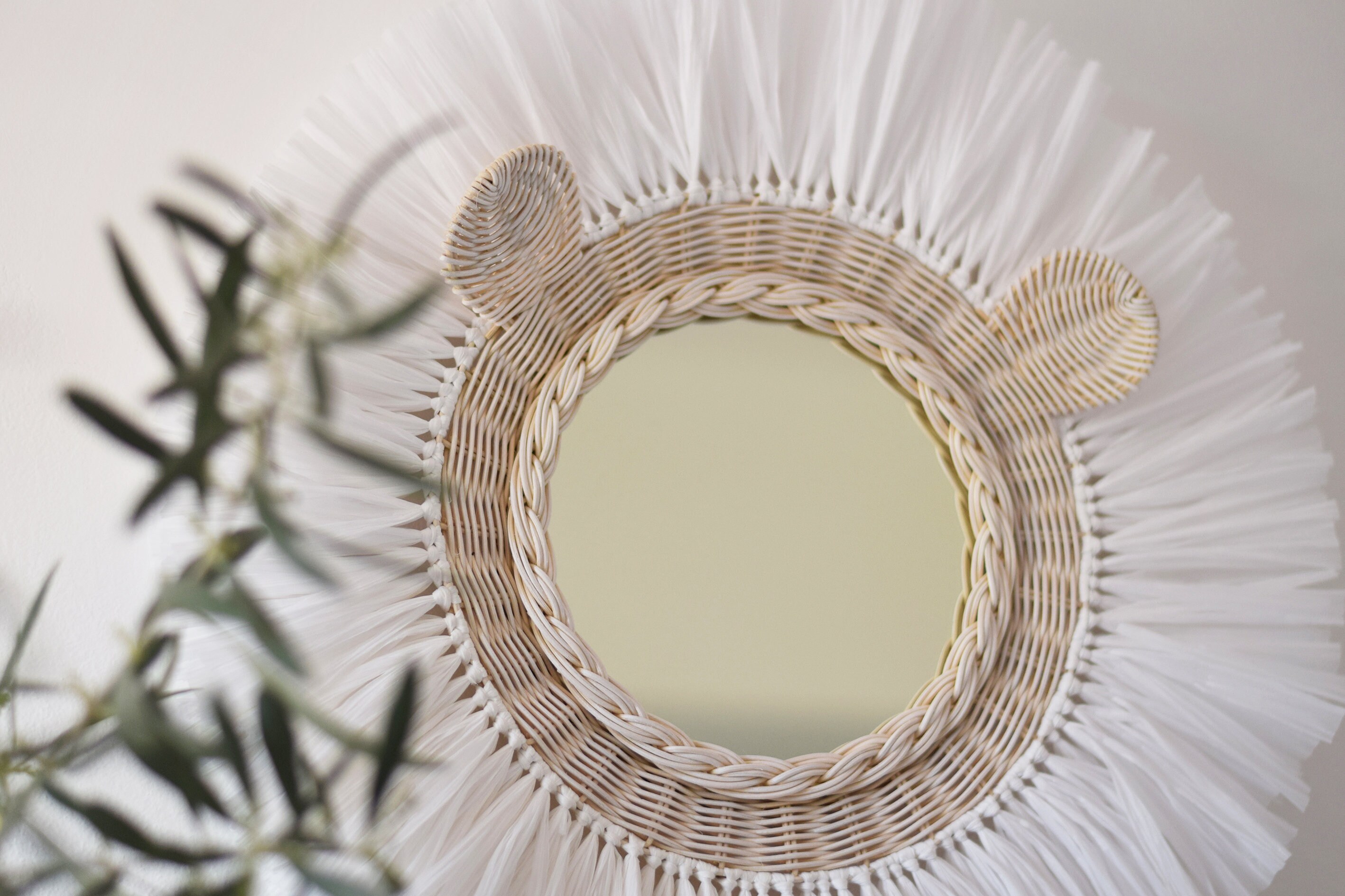 White Lion Head Round Rattan Mirror Wall Hanging Safari - Etsy