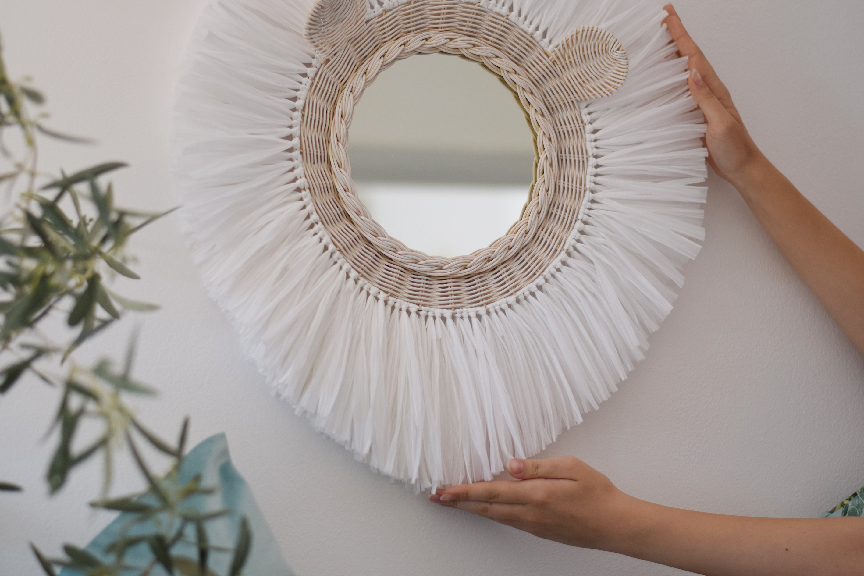 White Lion Head Round Rattan Mirror Wall Hanging Safari - Etsy