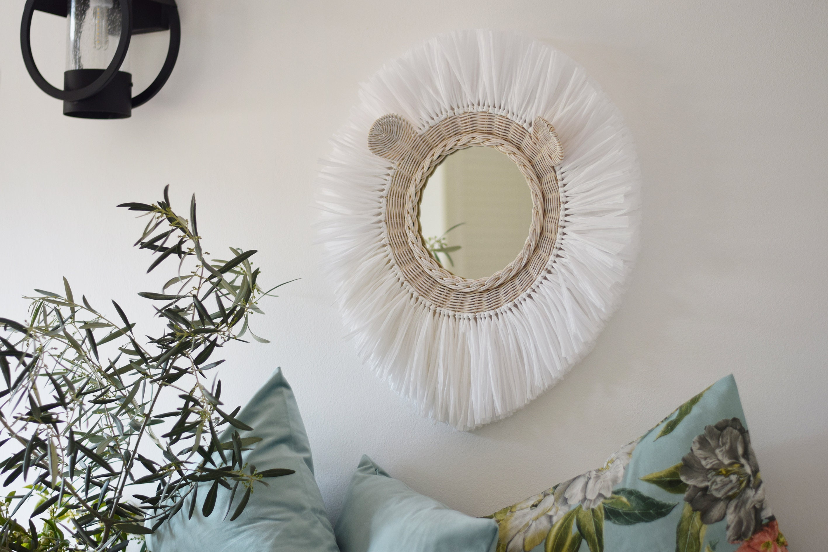 White Lion Head Round Rattan Mirror Wall Hanging Safari - Etsy