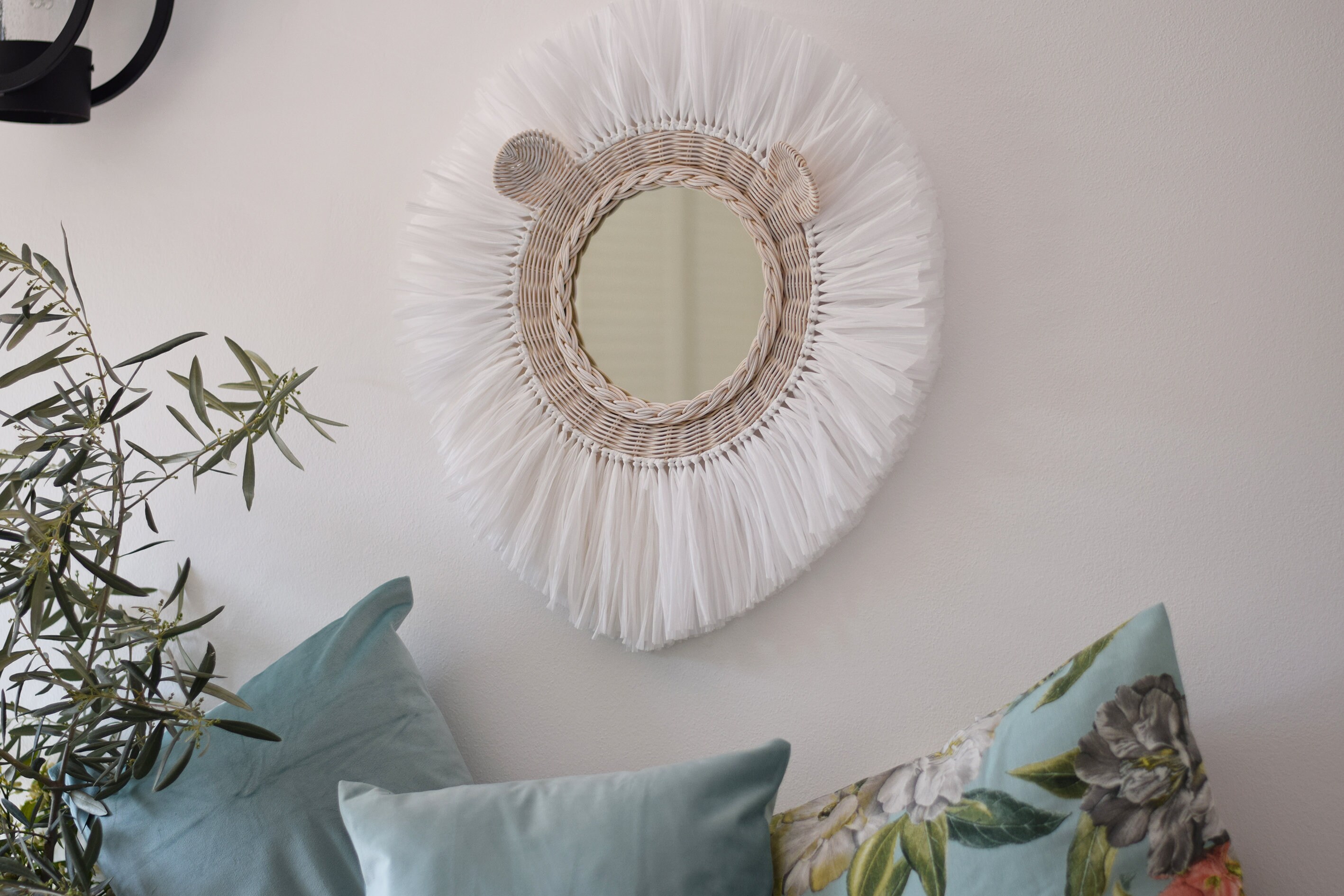 White Lion Head Round Rattan Mirror Wall Hanging Safari - Etsy