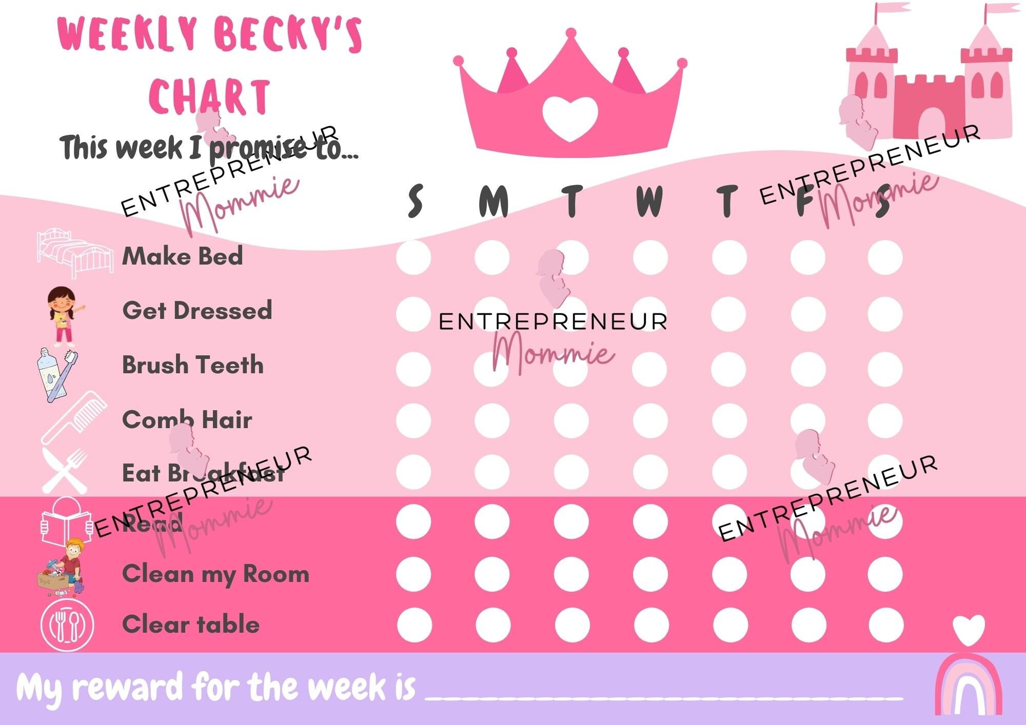 Editable Kids Chore Chart Princess Themed Boys Girls - Etsy