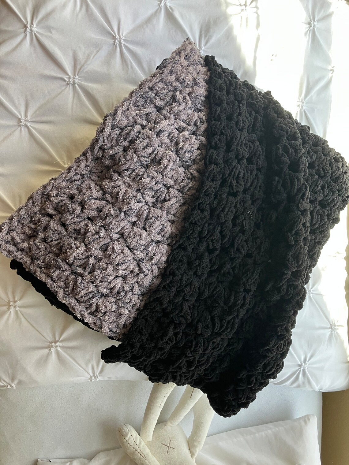 Chunky Gray and Black Blanket, Crocheted Gray and Black Blanket, Black ...