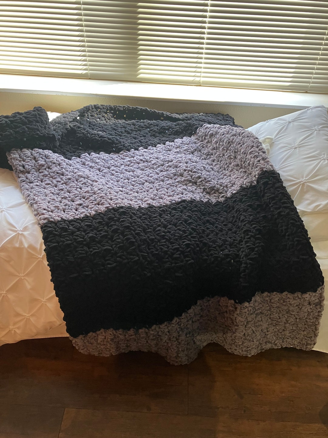 Chunky Gray and Black Blanket, Crocheted Gray and Black Blanket, Black ...