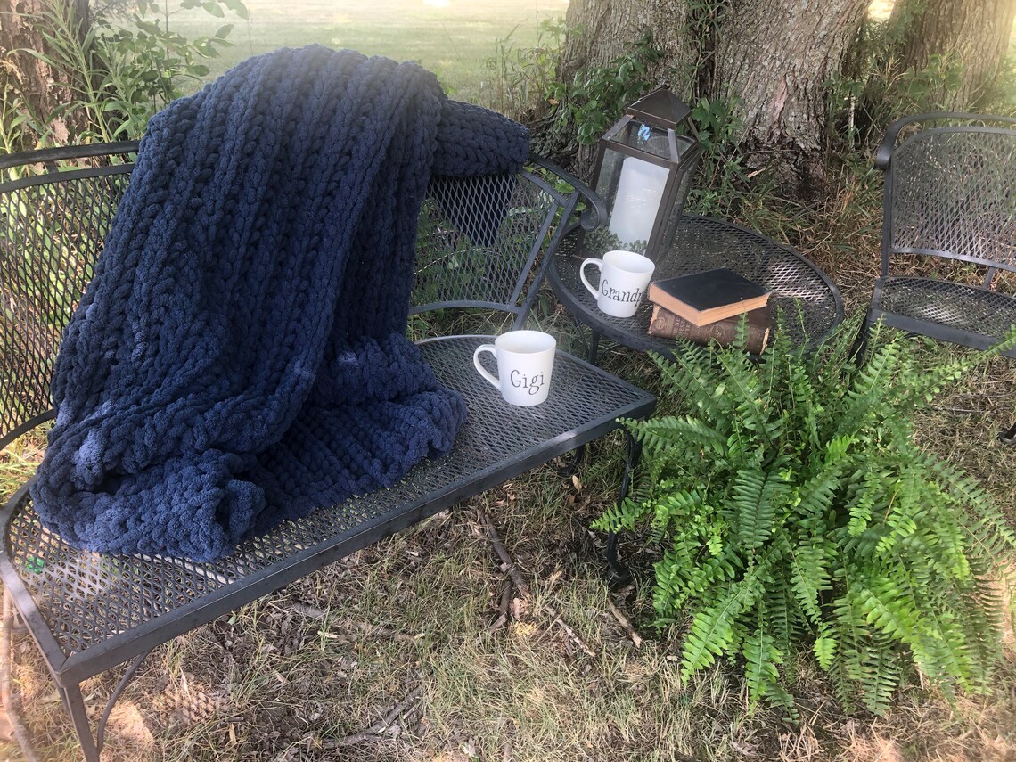 Navy Chunky Throw Blue Throw. Blue Chunky Crocheted Blanket - Etsy