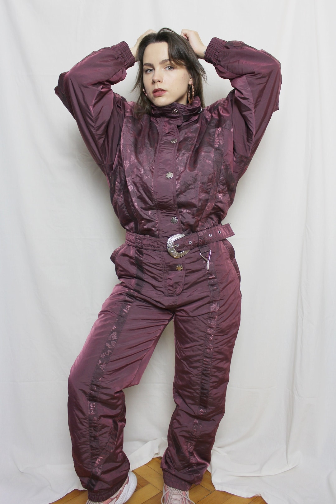 Reflective Ski Suit Women's Overalls, Vintage Shiny Purple Winter ...