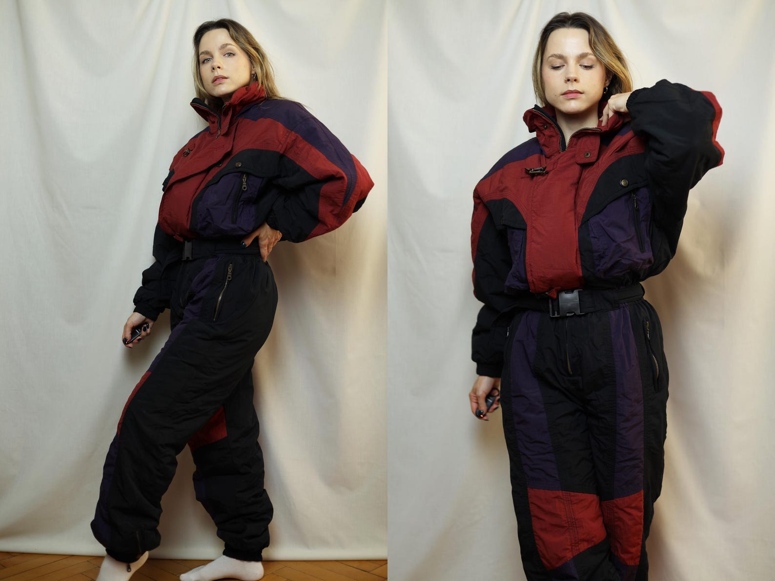 90s Color Block Ski Suit C&A One Piece, Black Red Purple Winter ...