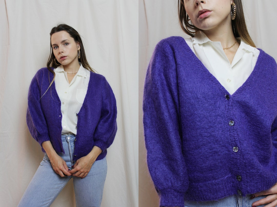 Hand Knit Cardigan Sweater, Vintage Dark Purple Color Woolen Cardigan ...