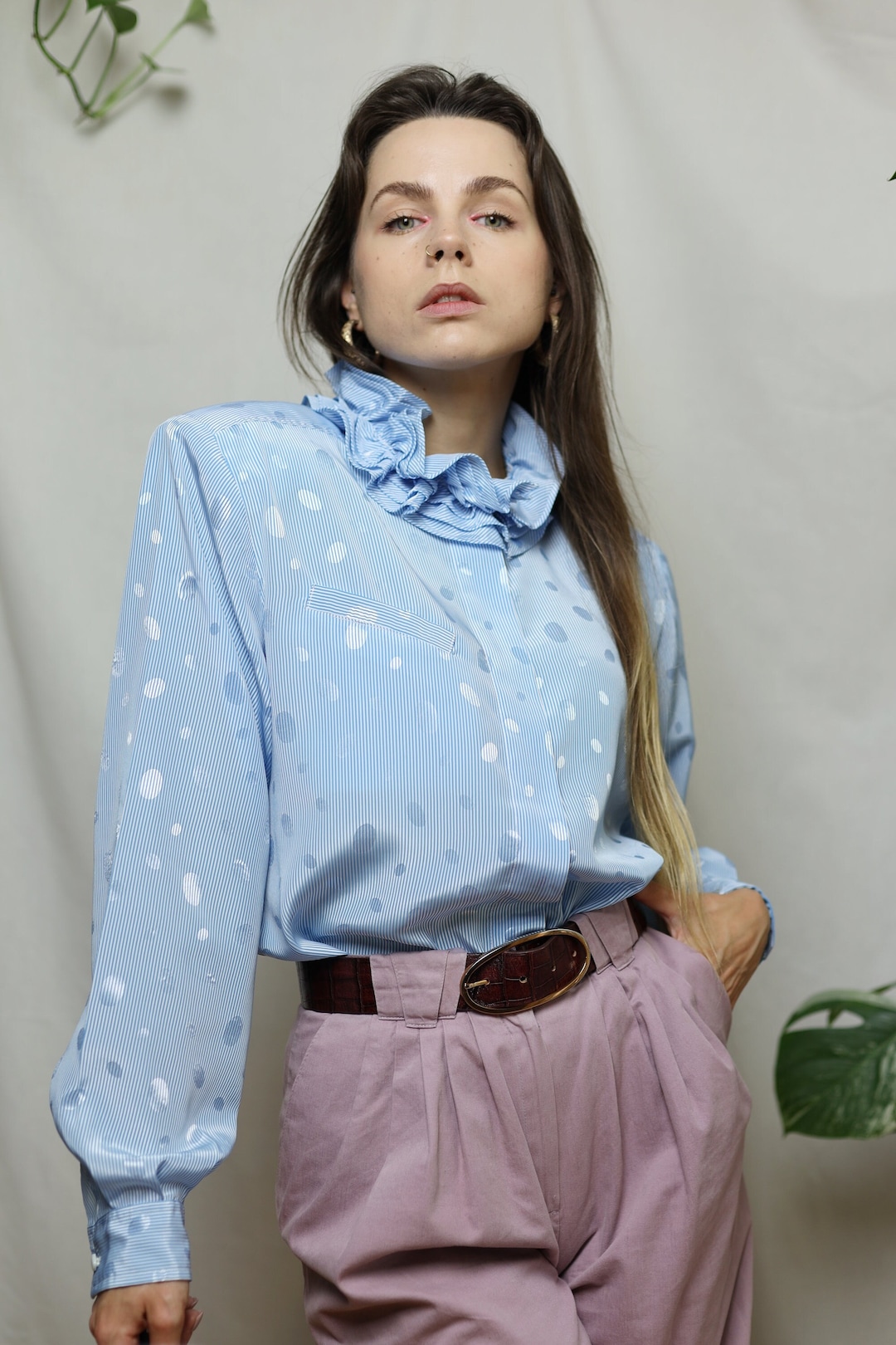 Vintage Puff Sleeve Blouse With Dot Print, Pastel Blue Lantern Sleeve ...