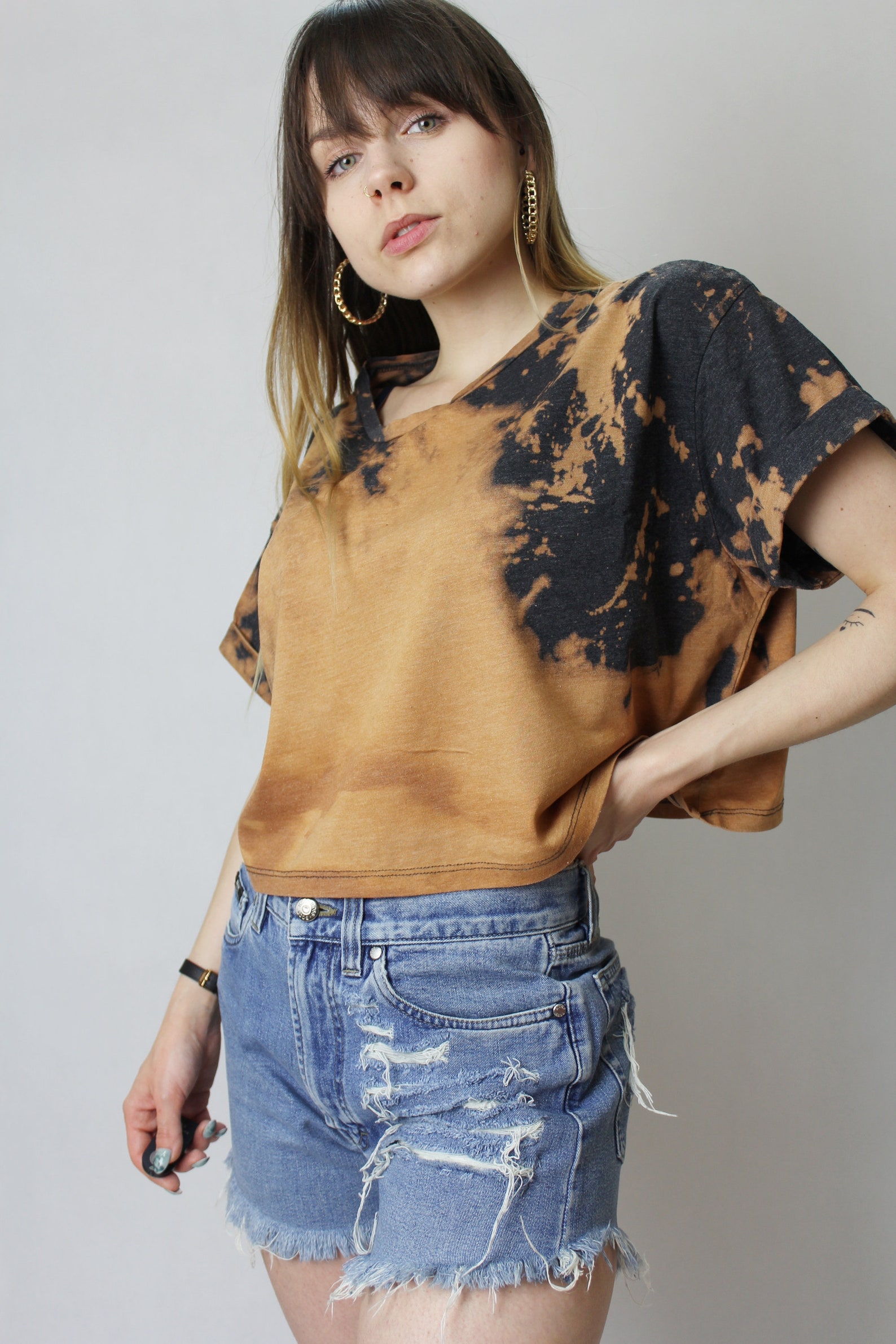 Bleached Crop Top in Gray and Peach Color Summer Top With - Etsy