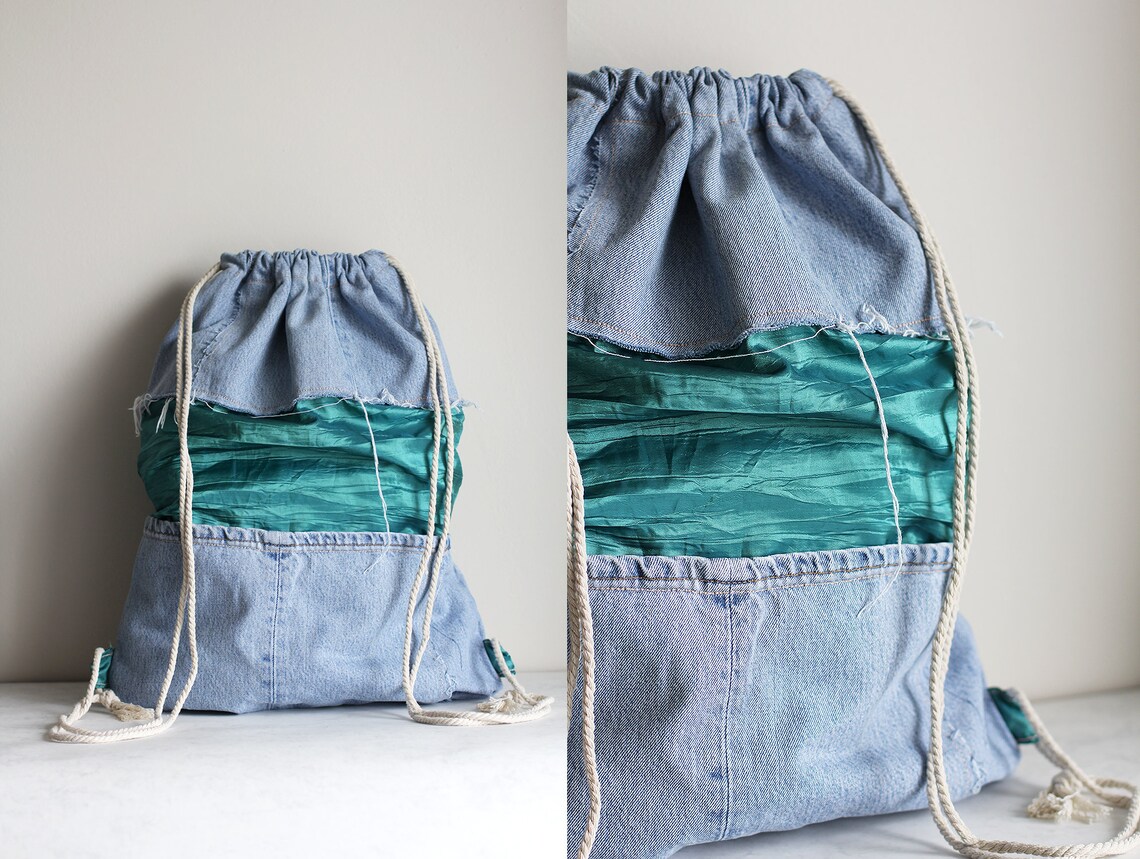 Denim Drawstring Backpack Made Out of Levi's Jeans, Rucksack With Shiny ...