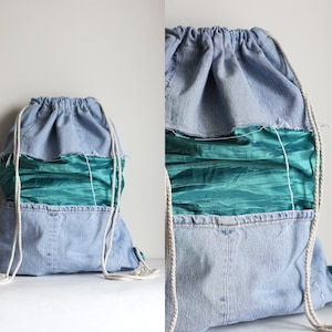 Denim Drawstring Backpack Made Out of Levi's Jeans, Rucksack With Shiny ...