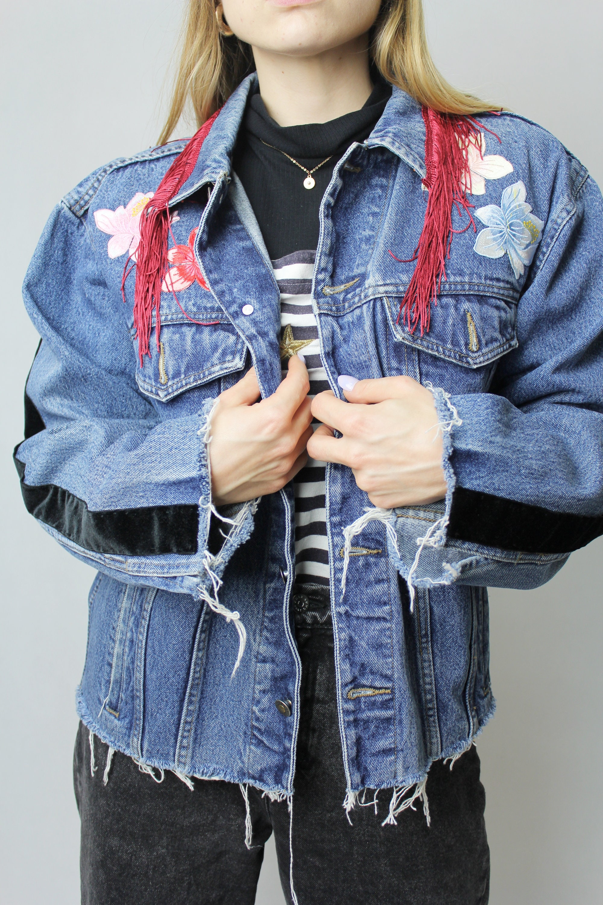 Frayed Denim Jacket With Flower Patches and Fringed Collar - Etsy