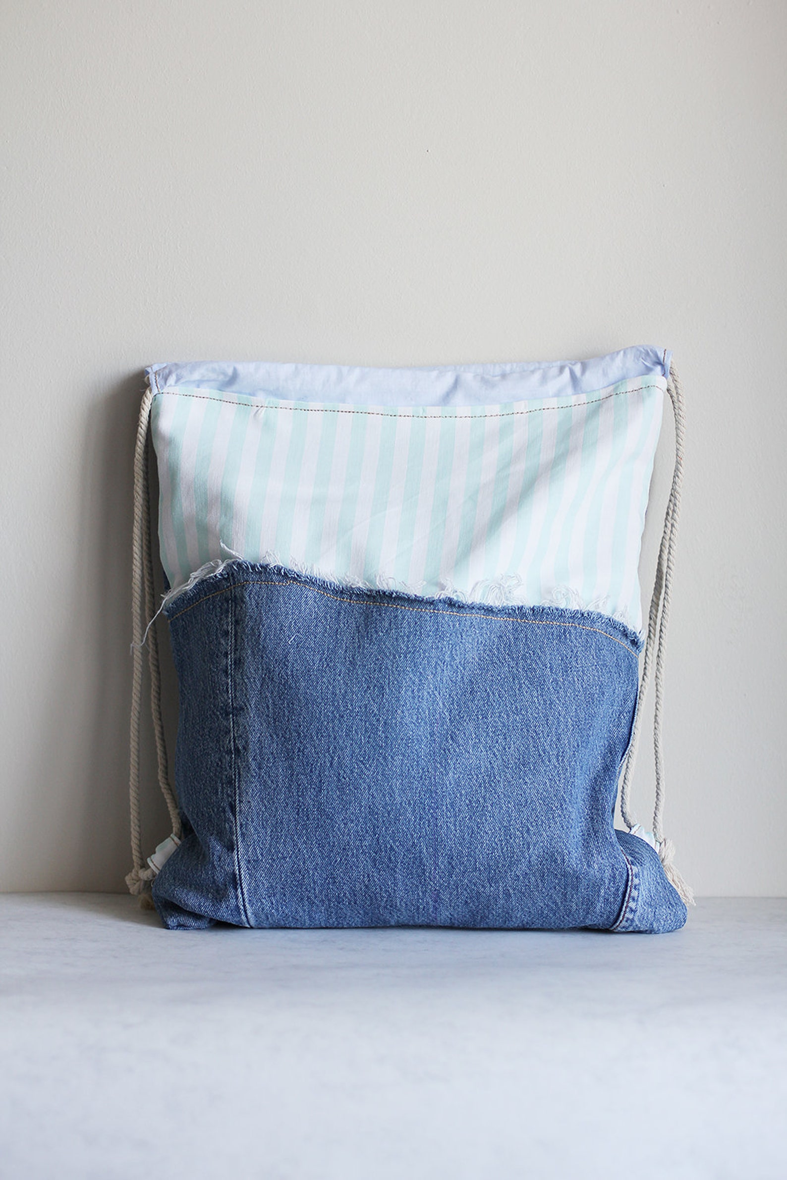 Denim drawstring backpack made out of mid blue Levi's | Etsy