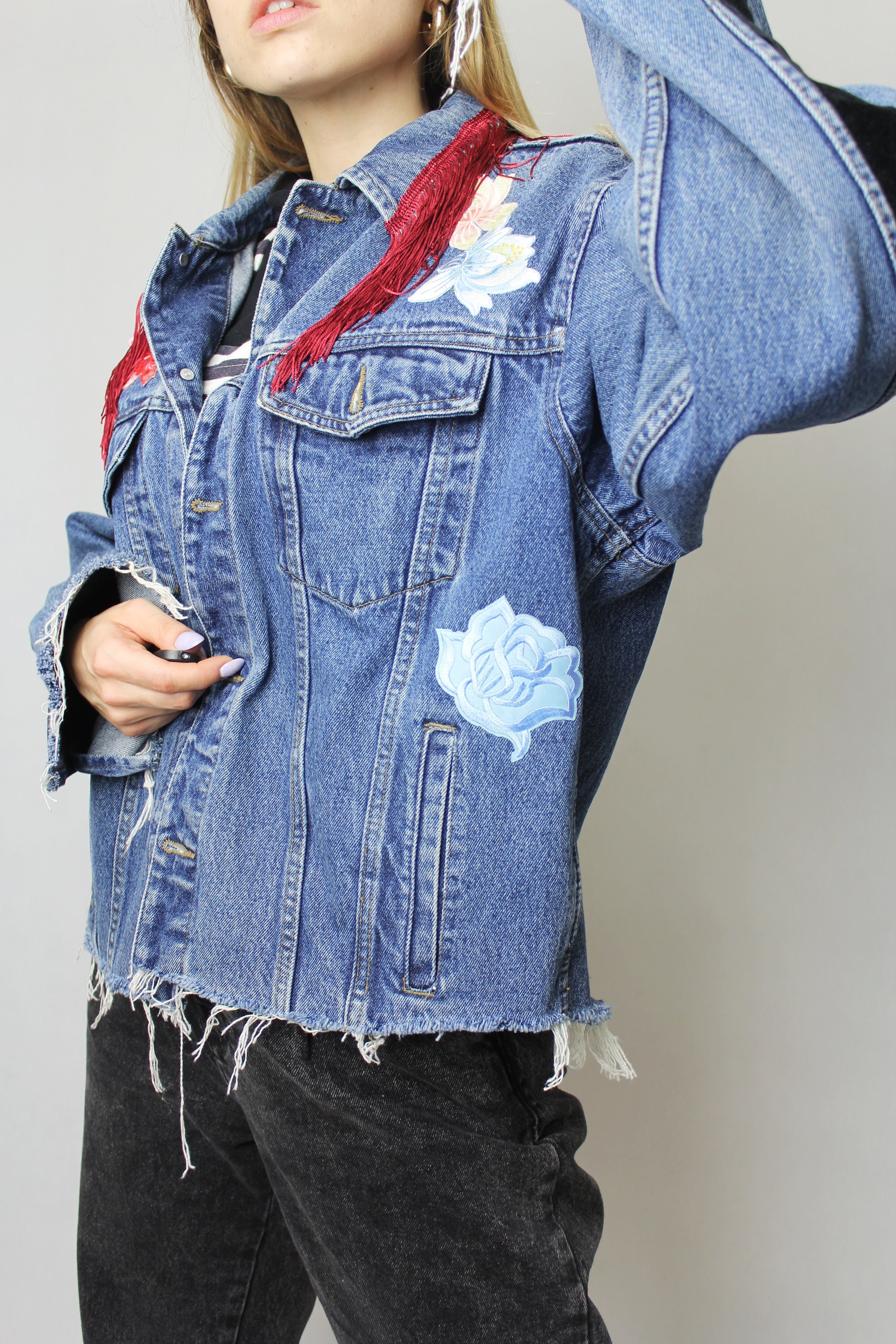 Frayed Denim Jacket With Flower Patches and Fringed Collar - Etsy