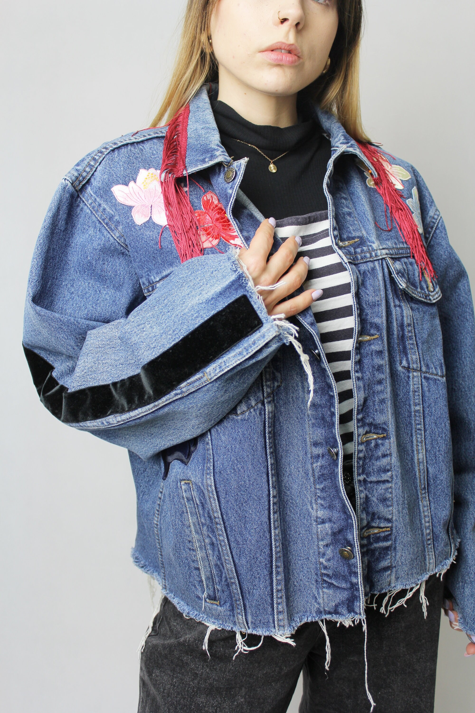 Frayed Denim Jacket With Flower Patches and Fringed Collar - Etsy