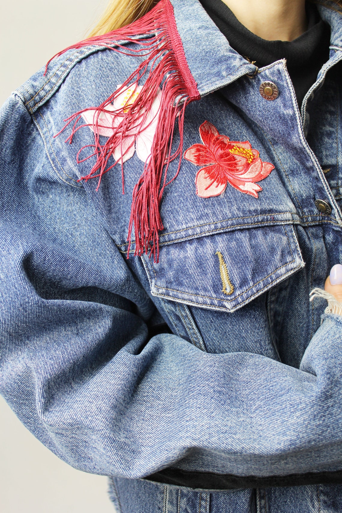 Frayed Denim Jacket With Flower Patches and Fringed Collar - Etsy