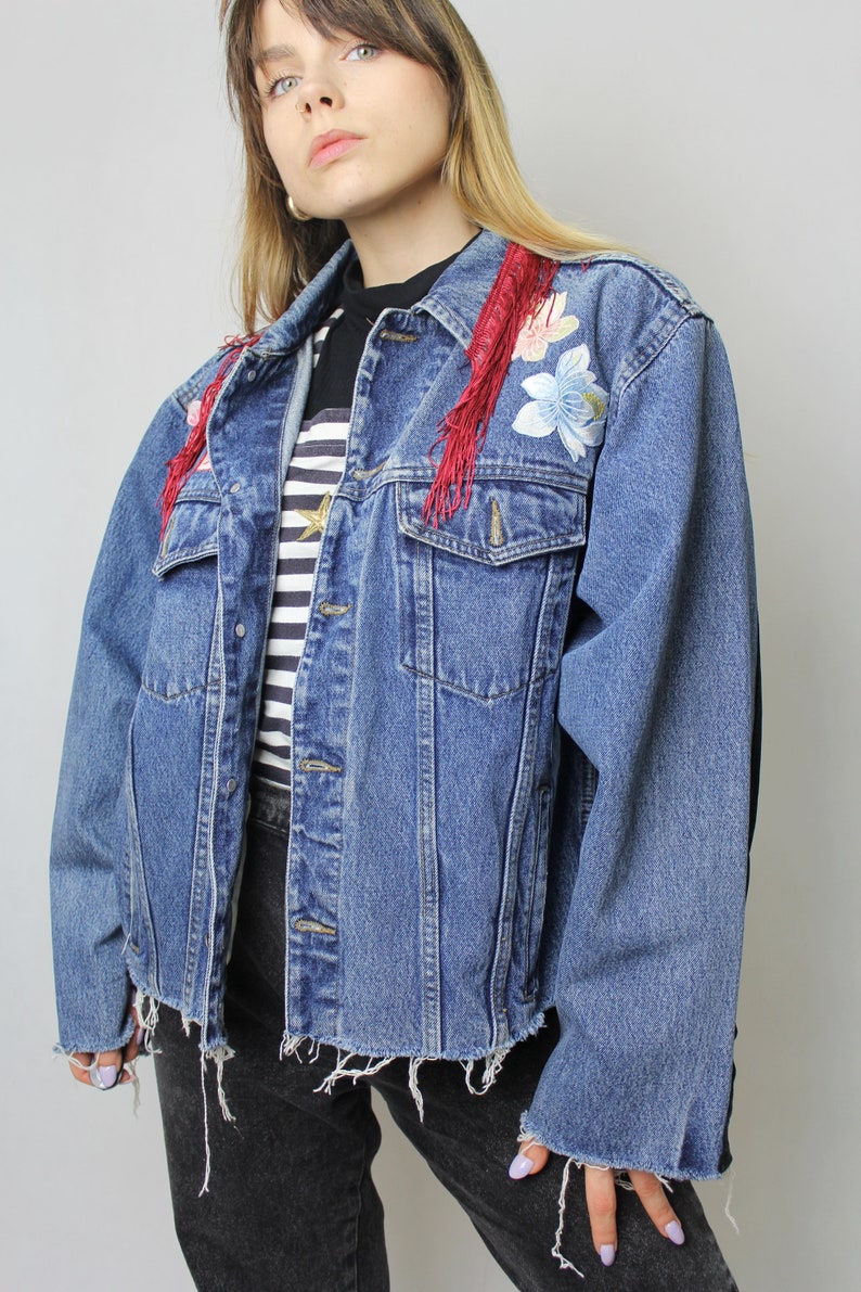 Frayed Denim Jacket With Flower Patches and Fringed Collar - Etsy