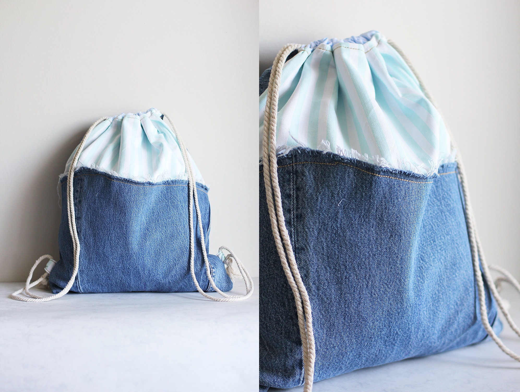 Denim drawstring backpack made out of mid blue Levi's | Etsy