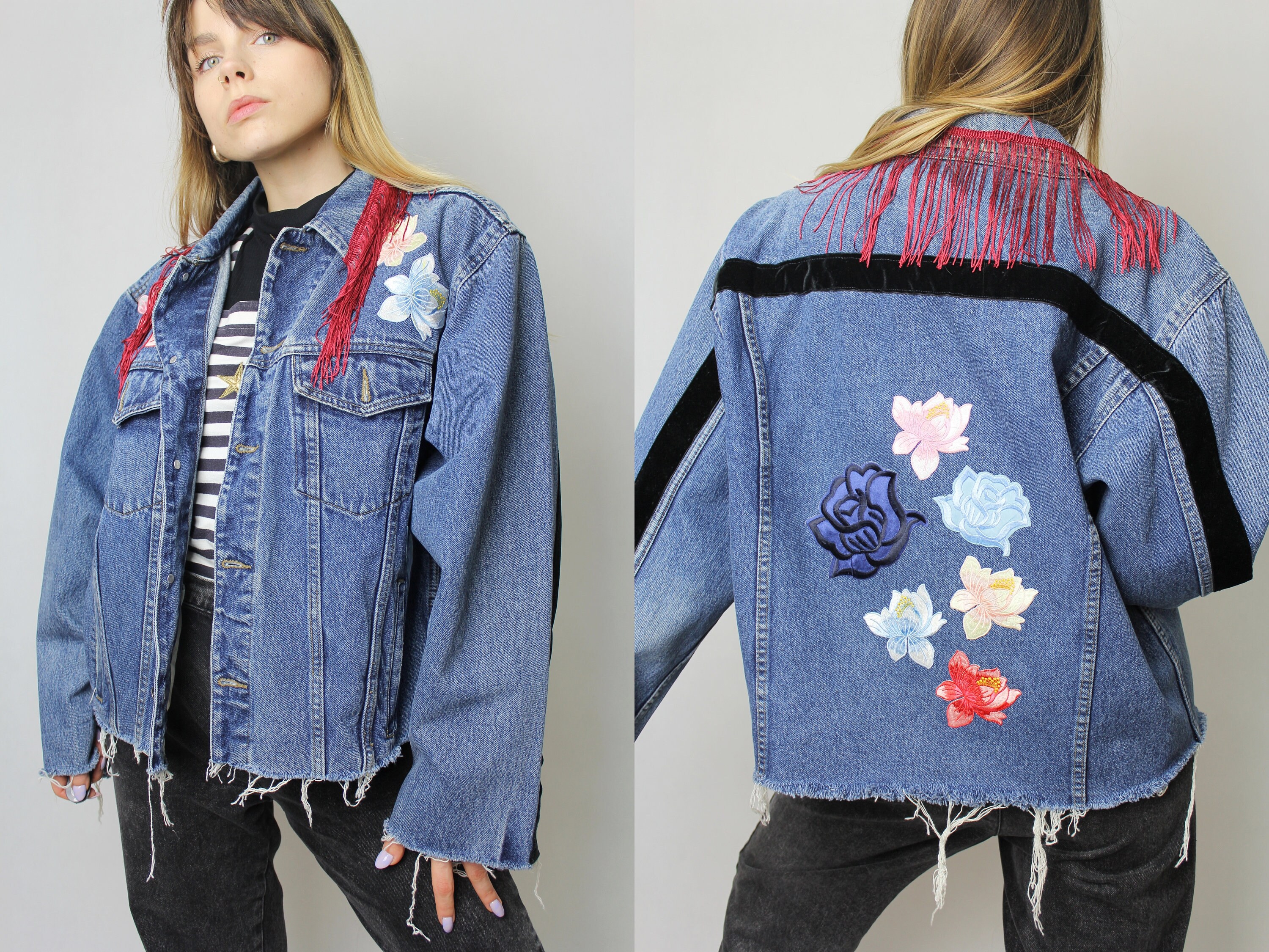 Frayed Denim Jacket With Flower Patches and Fringed Collar - Etsy
