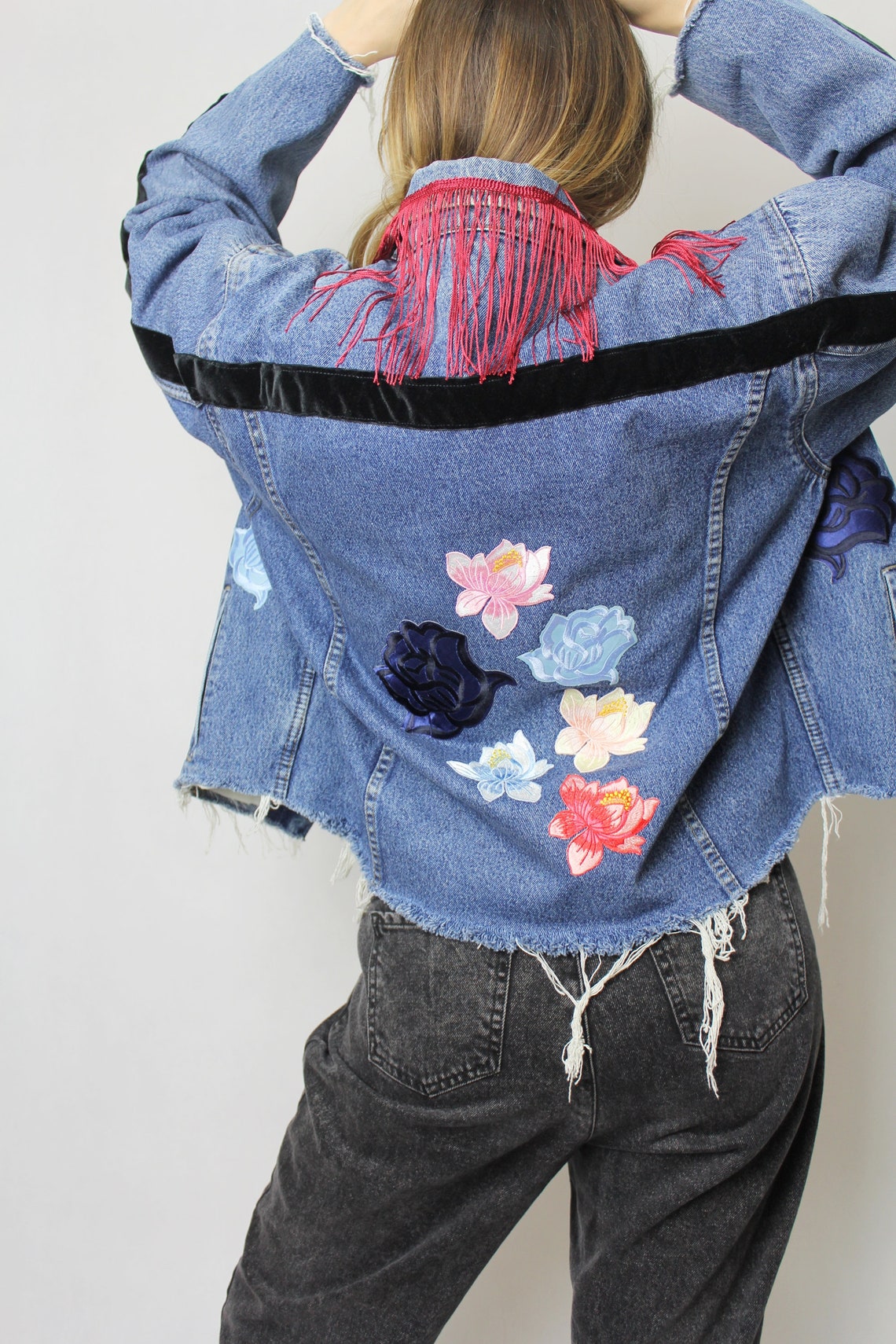 Frayed Denim Jacket With Flower Patches and Fringed Collar - Etsy