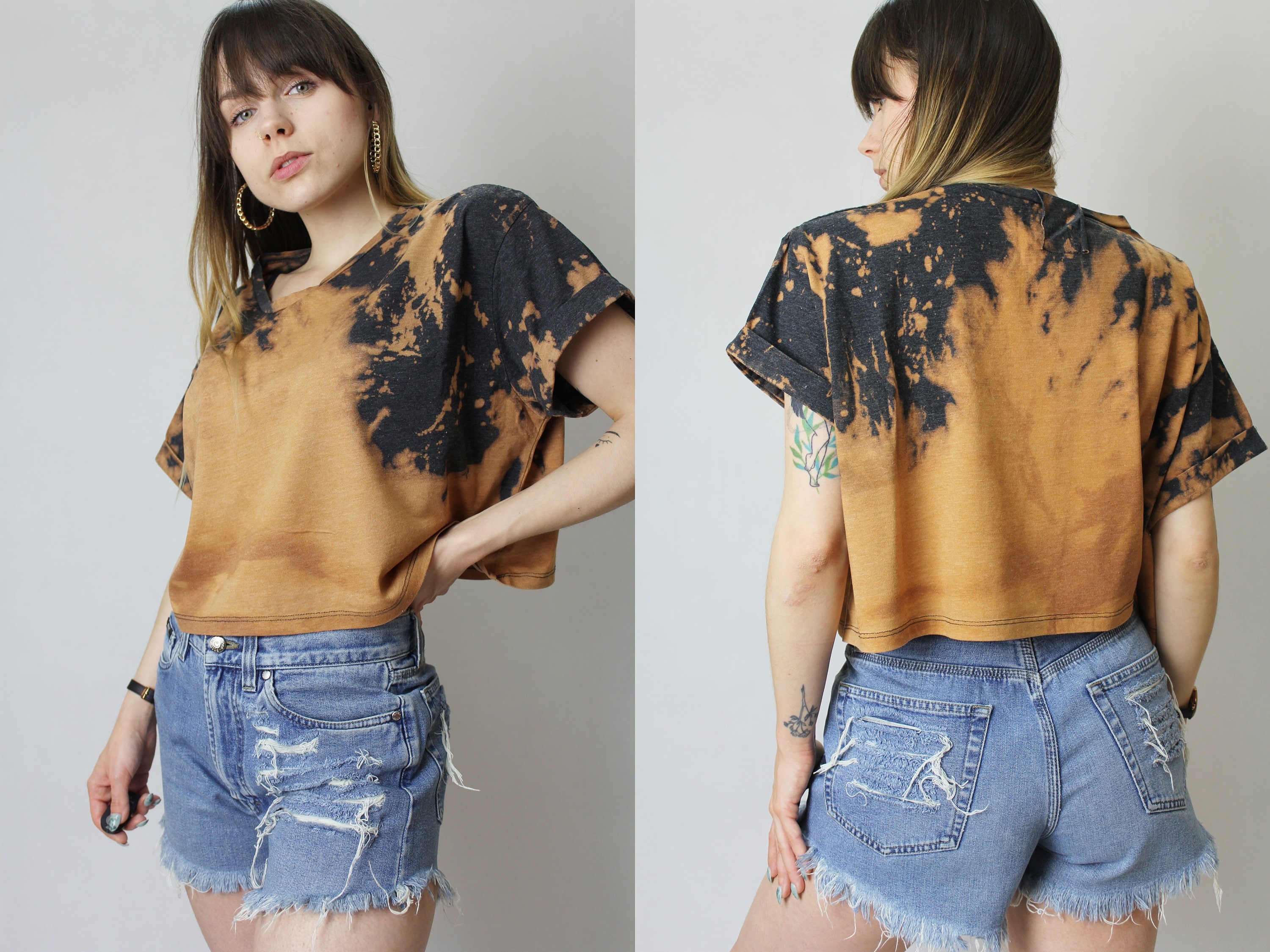 Bleached Crop Top in Gray and Peach Color Summer Top With - Etsy