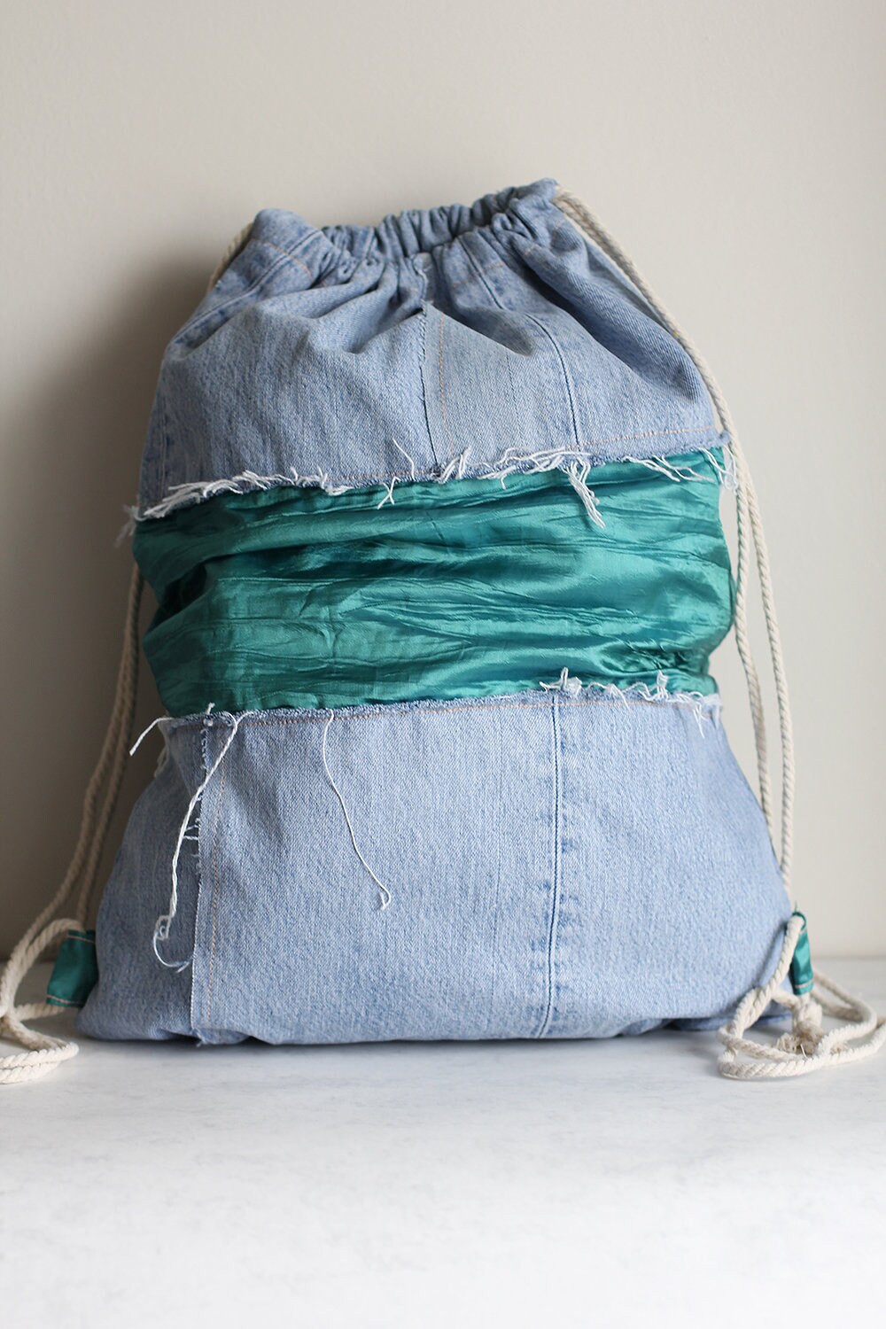 Denim drawstring backpack made out of Levi's jeans | Etsy