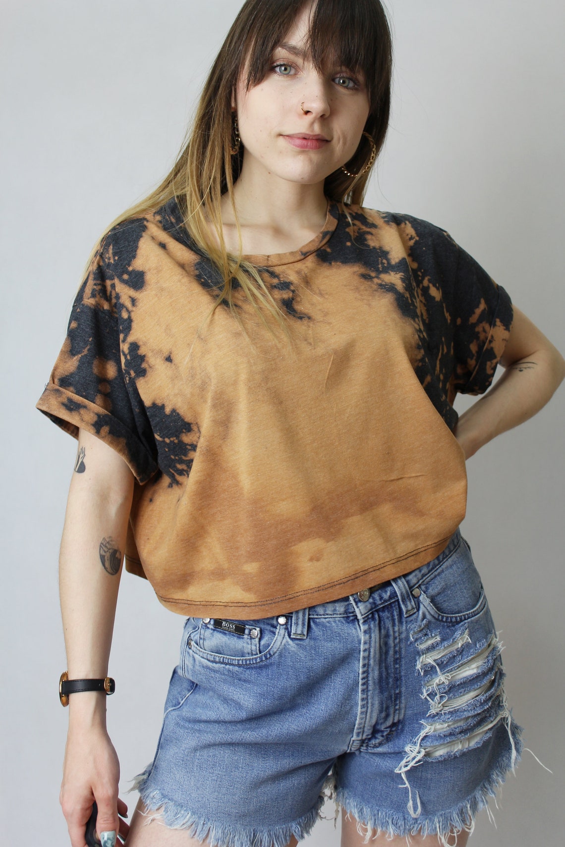 Bleached Crop Top in Gray and Peach Color Summer Top With - Etsy