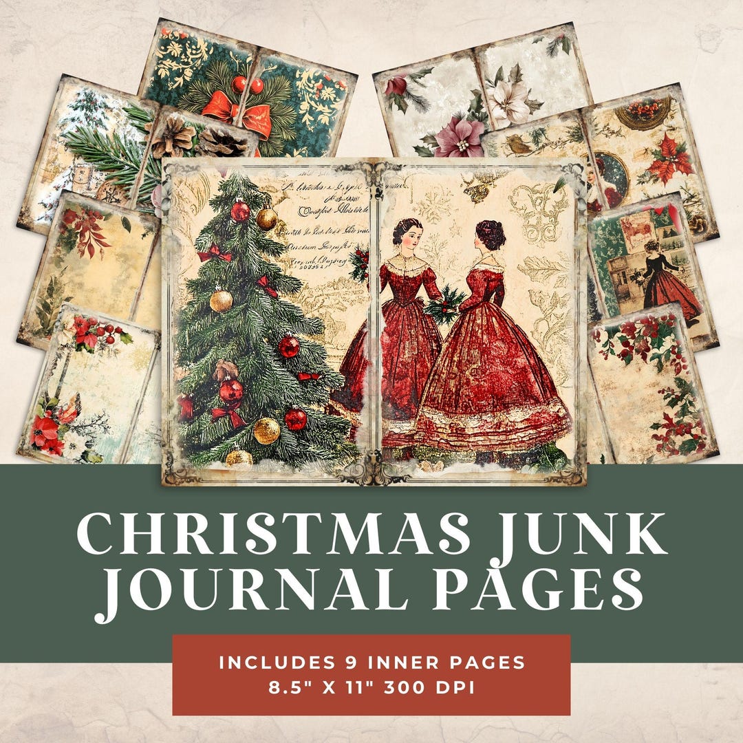 Printable Christmas Junk Journal Pages | Set of 9 Vintage-inspired 8.5 ...