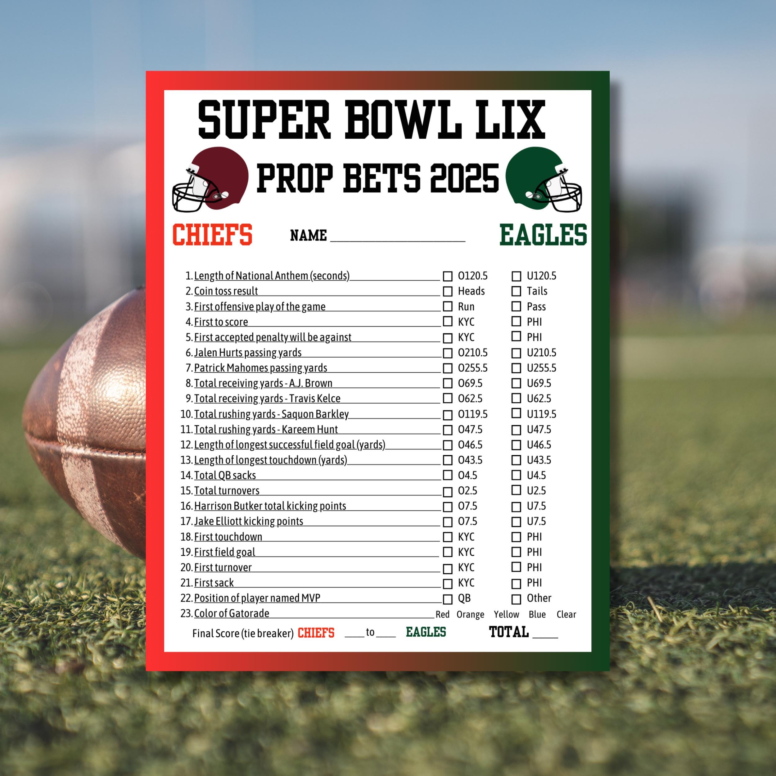 Super Bowl LIX Prop Bet Sheet 2025 Printable Game Player Props Football ...
