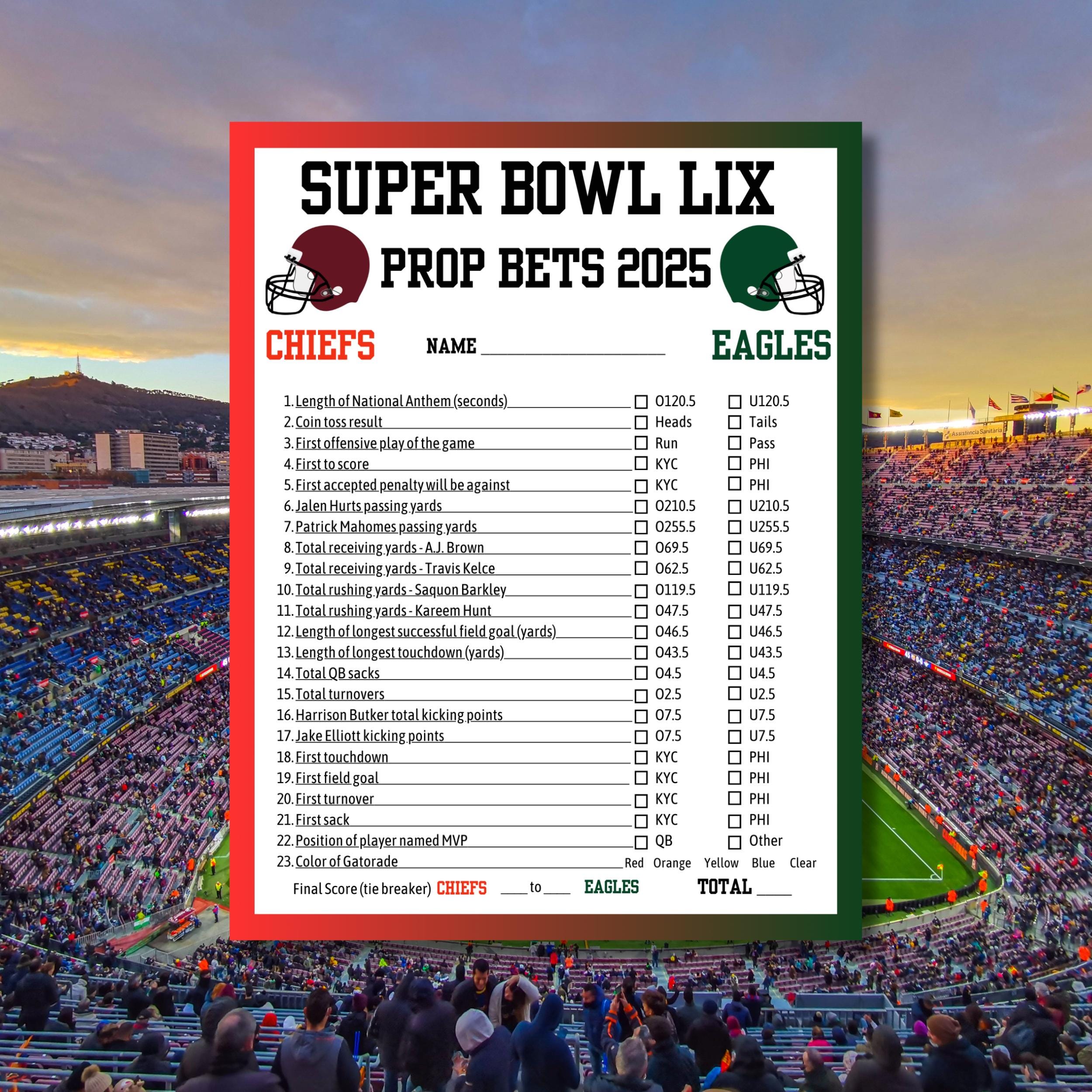 Super Bowl LIX Prop Bet Sheet 2025 Printable Game Player Props Football ...