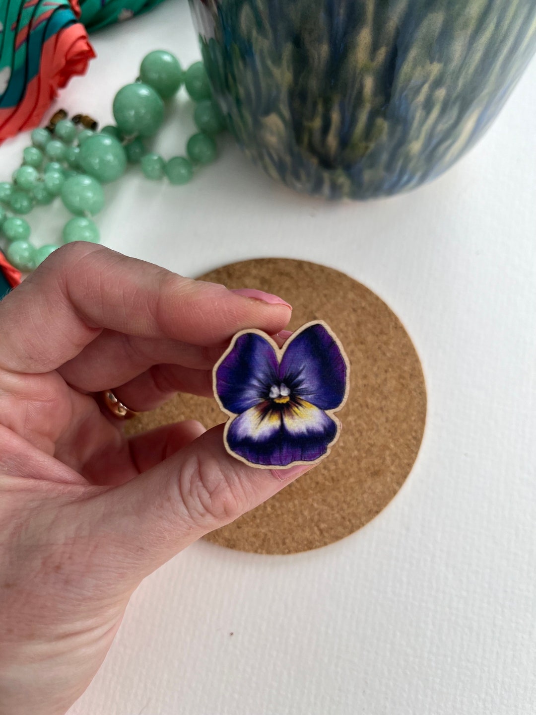Purple Pansy Wooden Pin Badge. Metal Badge Back With Heartsease Design ...