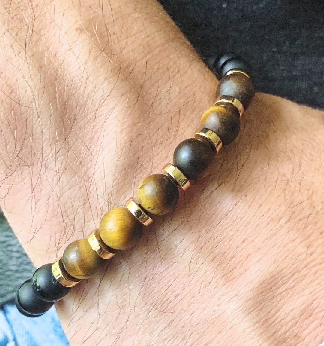 Men's Tiger Eye and Black Onyx Bracelet, Men's Bracelet, Stretch ...